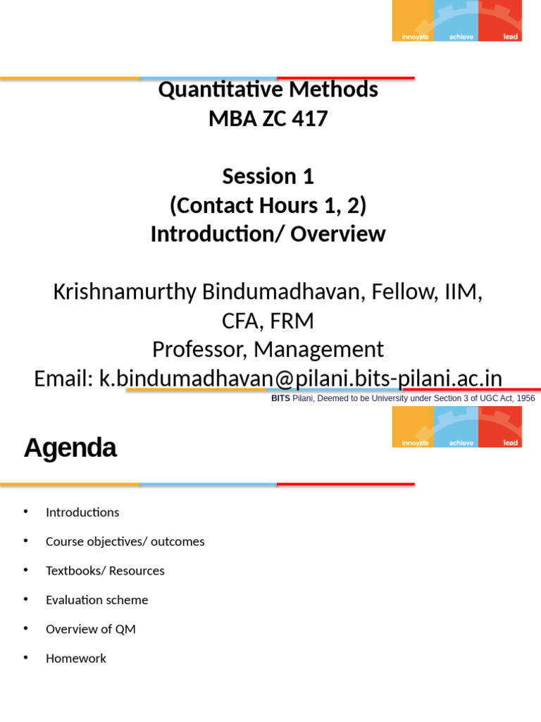 QM - MBAZC417 - Session 1 Updated SRJ | PDF | Statistics | Probability Distribution