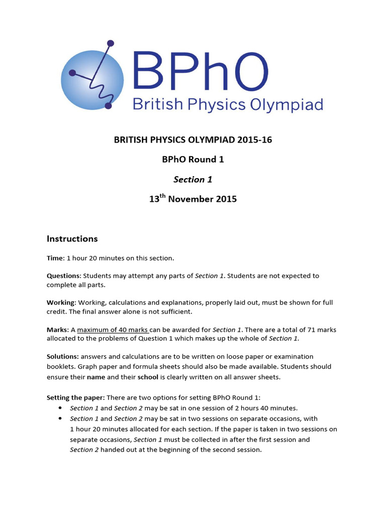 British Physics Olympiad 2015-16 Bpho Round 1: Section 1 | PDF | Mass | Neutron