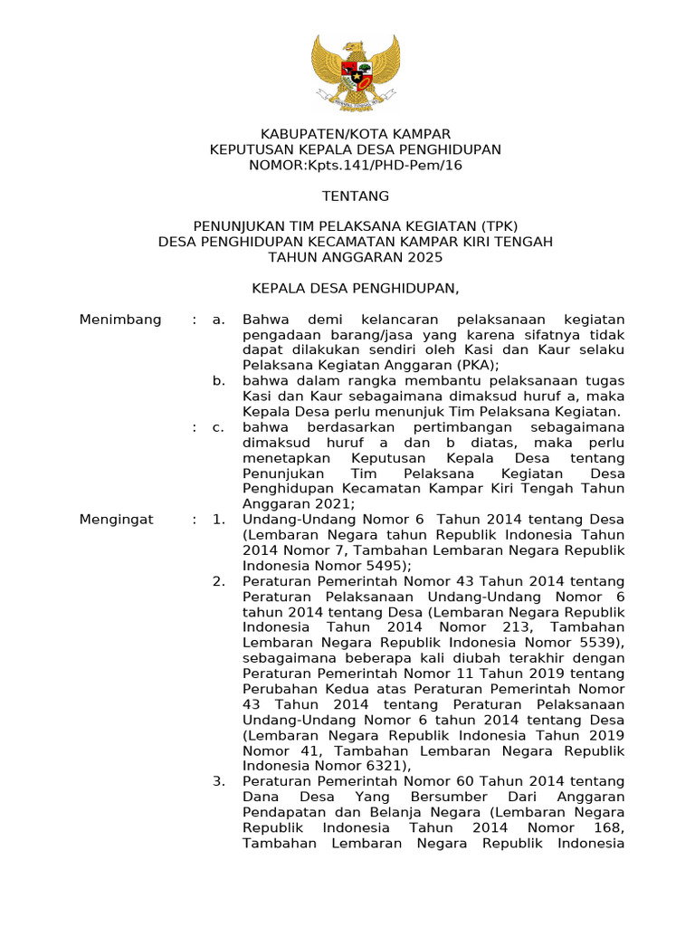 Penunjukan TPK Desa Penghidupan 2025 | PDF