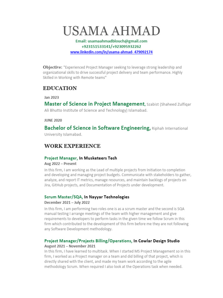 Usama CV | PDF | Scrum (Software Development) | Agile Software Development