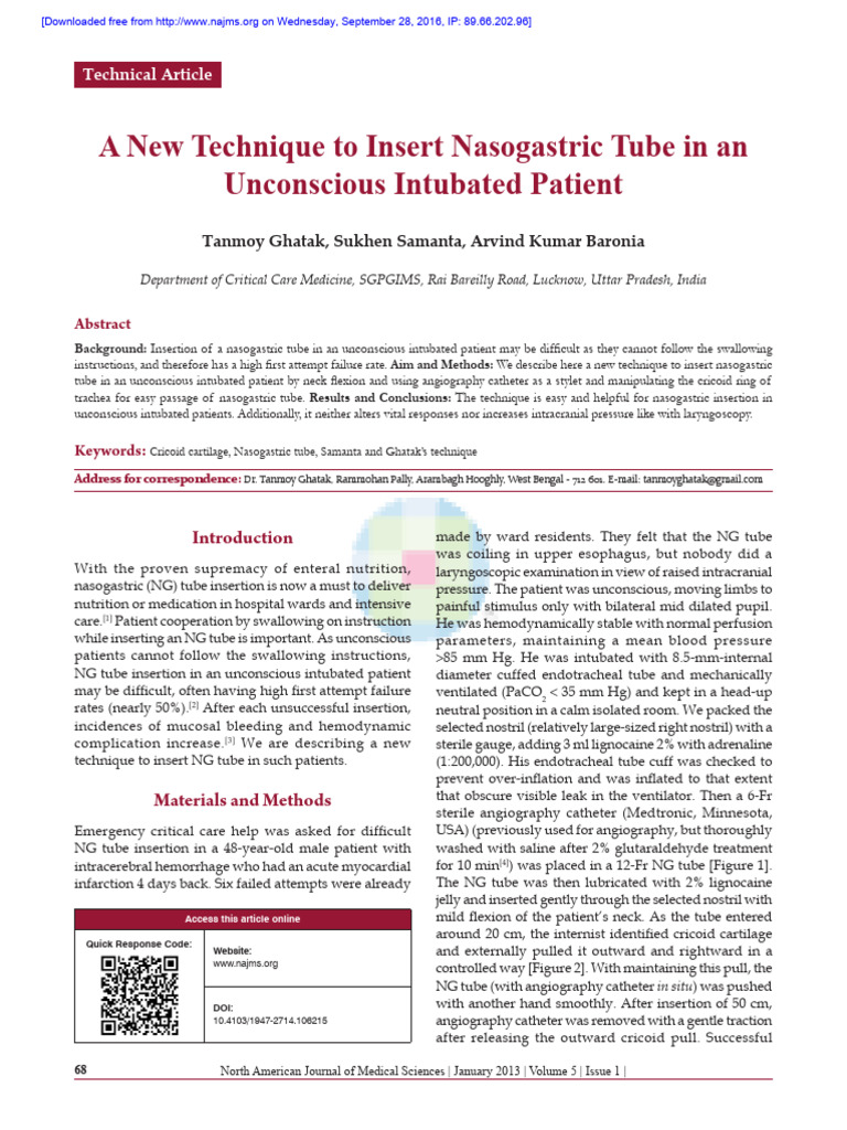 A New Technique To Insert Nasogastric Tube in An U | PDF | Clinical Medicine | Medical Specialties