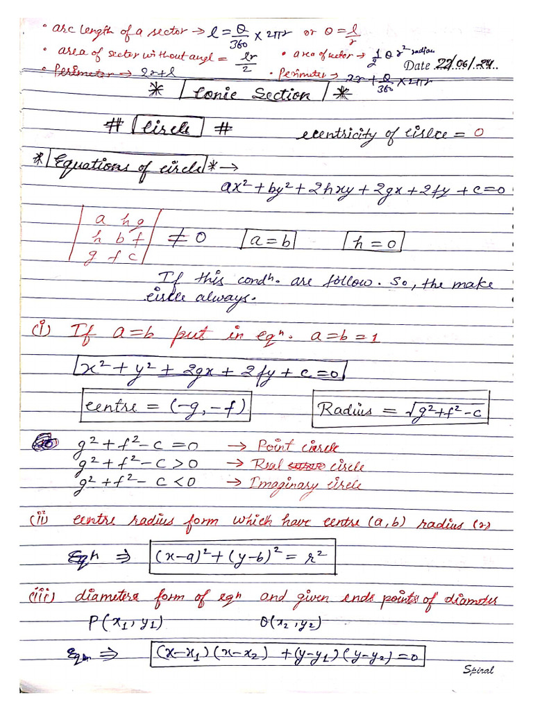 Conic Section Notes Pdf
