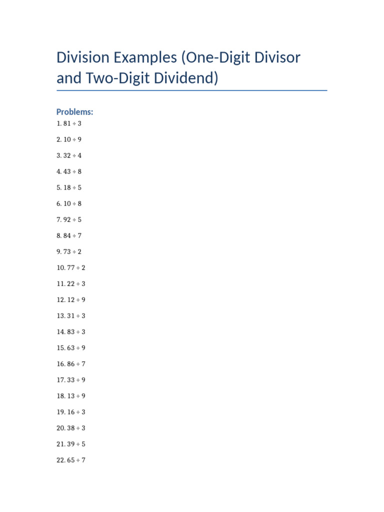 Division Examples One Digit Divisor | PDF