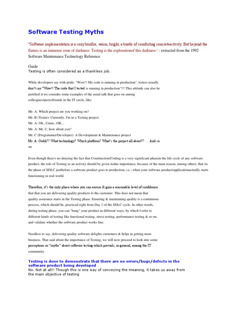Software Testing Myths | PDF | Software Testing | Software Bug