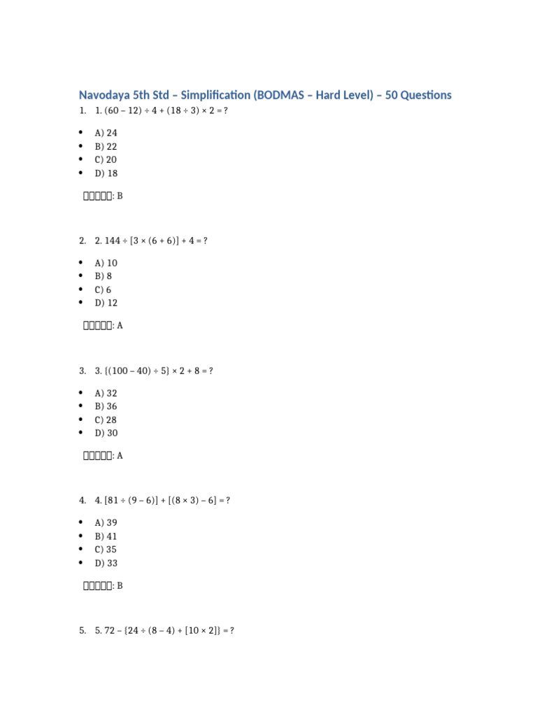BODMAS Simplification 50 Questions | PDF | Chess Theory | Chess Openings