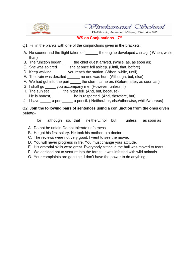 Class 7 WS On Conjunctions | PDF