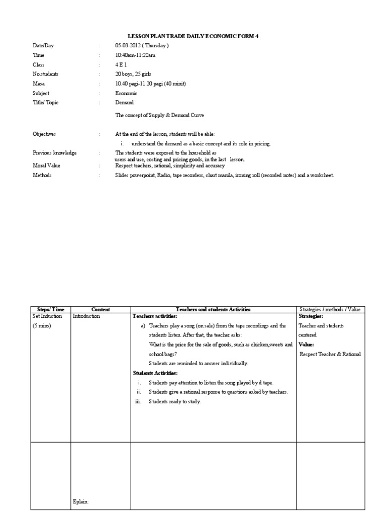 Demand Lesson Plan for Form 4 Economics | PDF | Demand | Lesson Plan