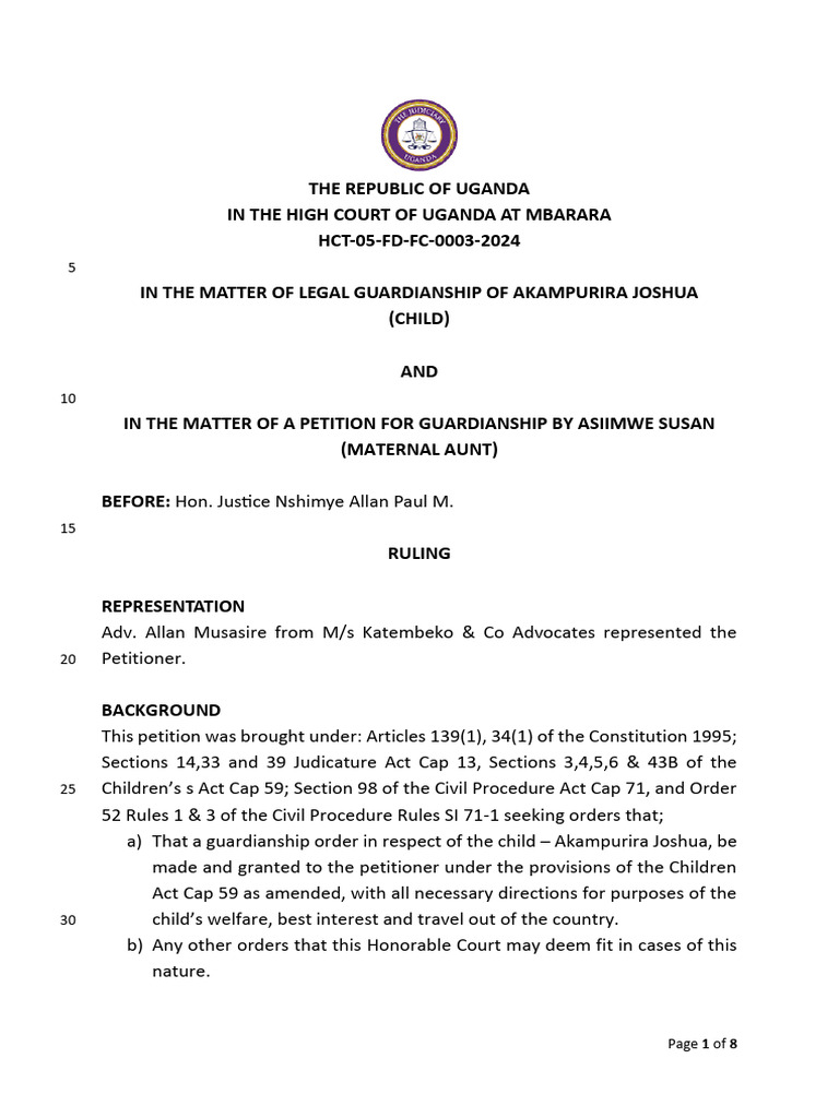 In The Matter of A Petition For Guardianship by Asiimwe Susan (Family ...