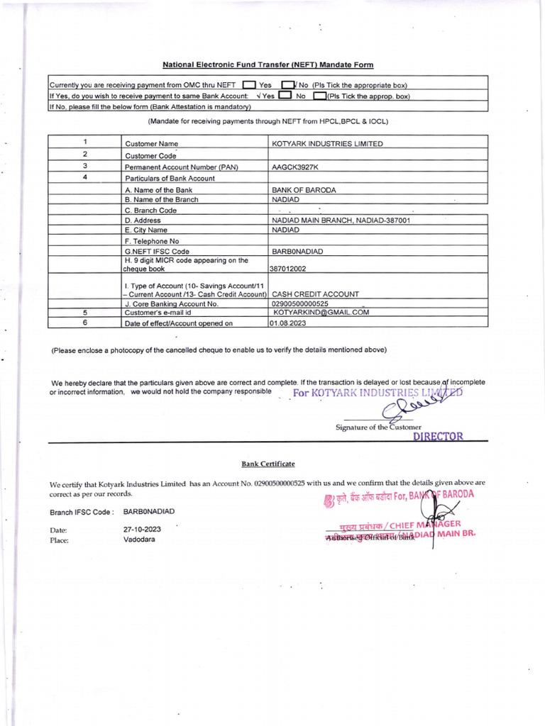 06 - Received Copy of Bank Mandate Form - KIL | PDF | Payments | Banks