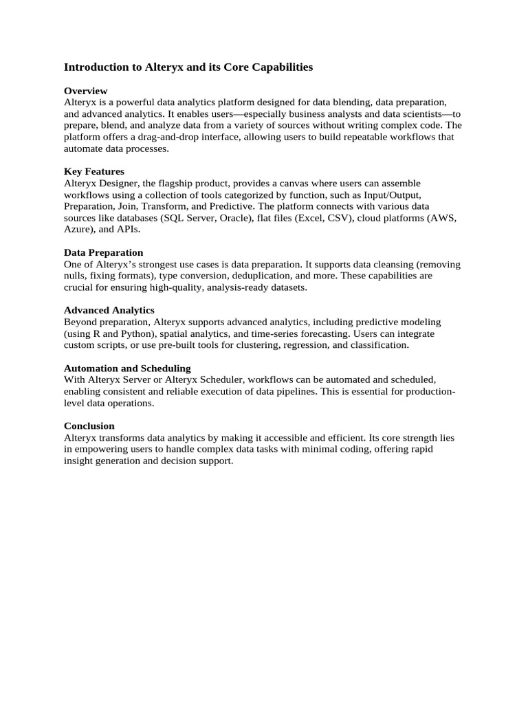 Introduction To Alteryx and Its Core Capabilities | PDF