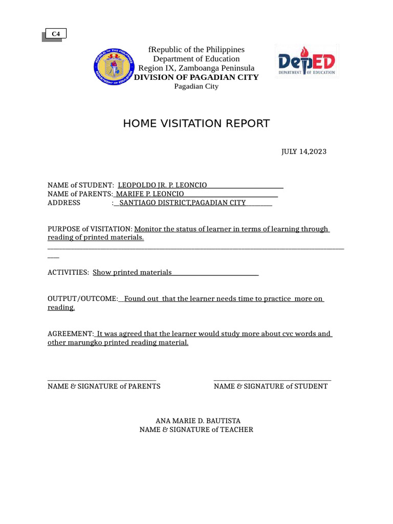 Home Visitation Report for Learner Support | PDF