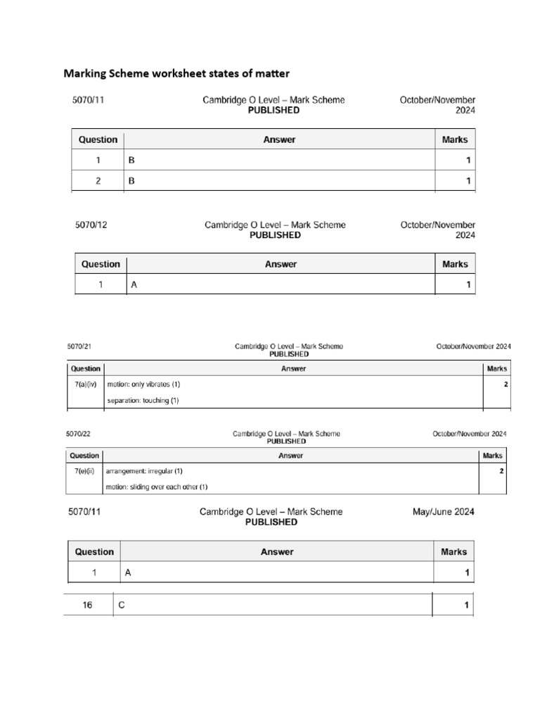 Marking Scheme Worksheet States of Matter | PDF
