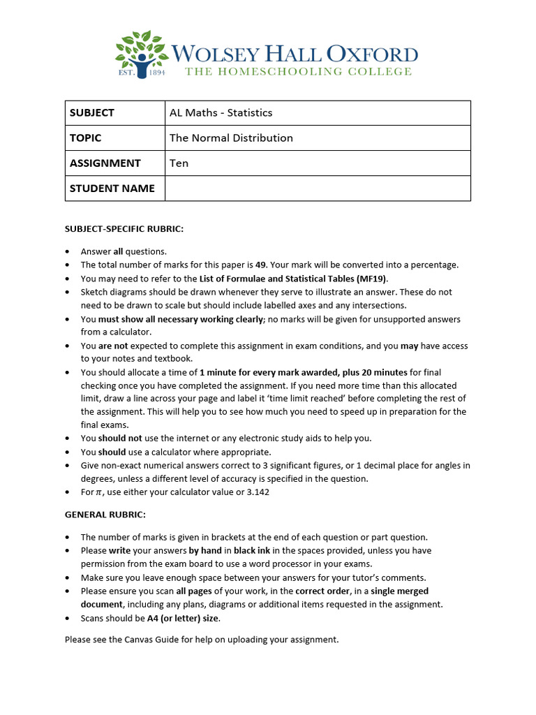 (A10) AL Maths With Statistics | PDF | Normal Distribution | Standard ...