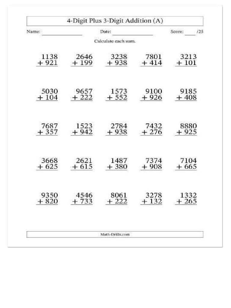 3 Digit Addition, Subtraction, Division, Multiplication | PDF