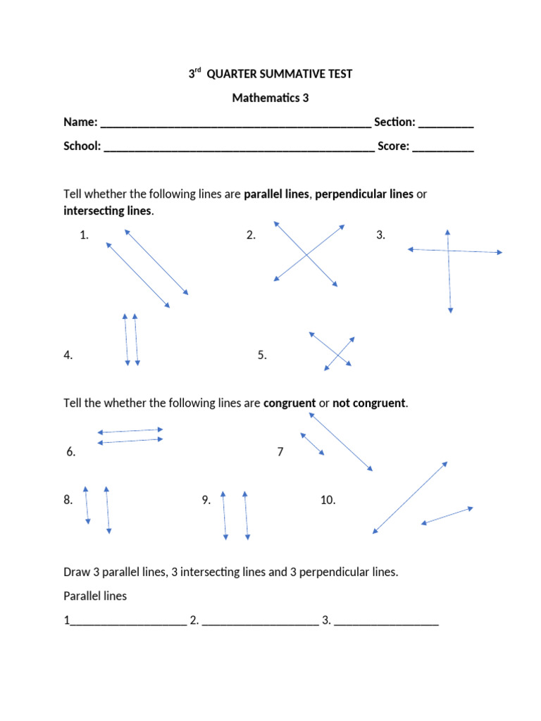 3rd Quarter Math Test: Lines & Symmetry | PDF