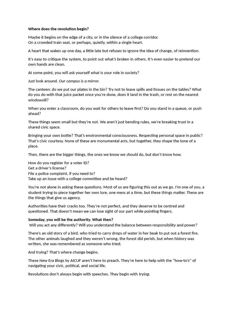 Where Does The Revolution Begin. How To Week One . | PDF
