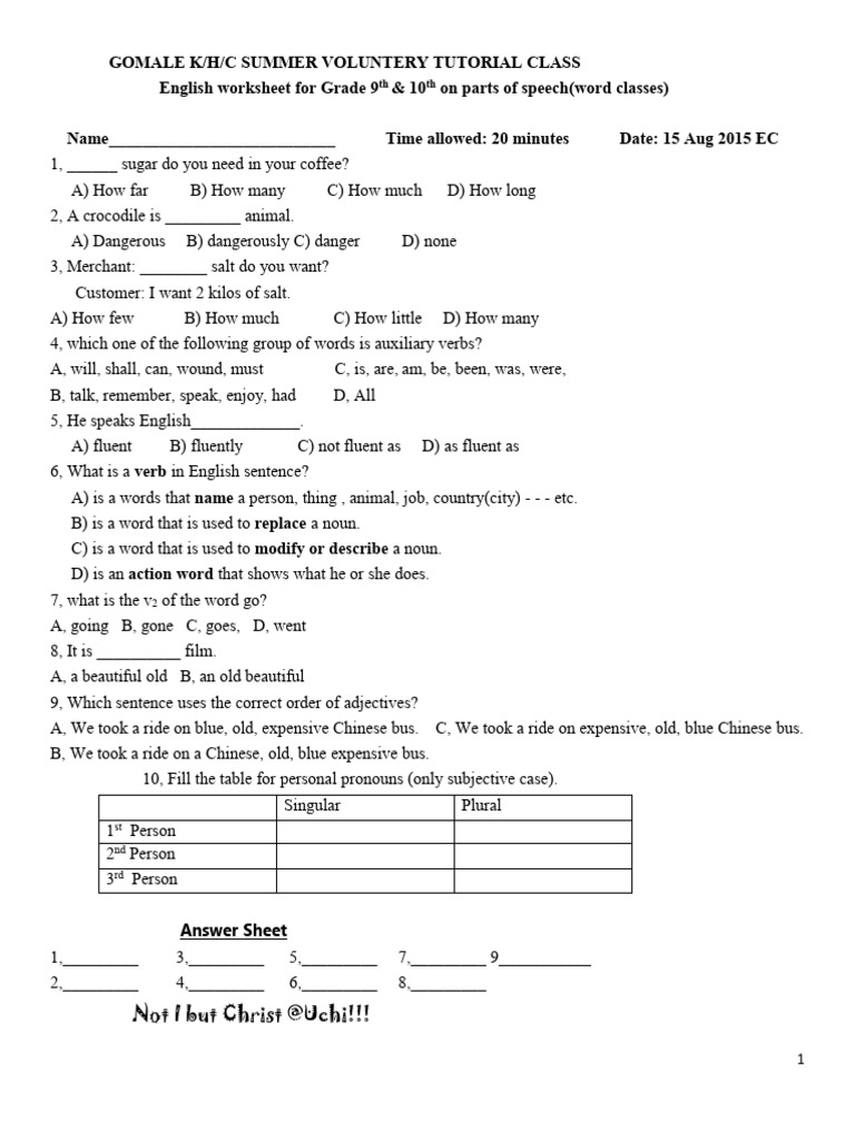 English Worksheet G9 and 10 | PDF