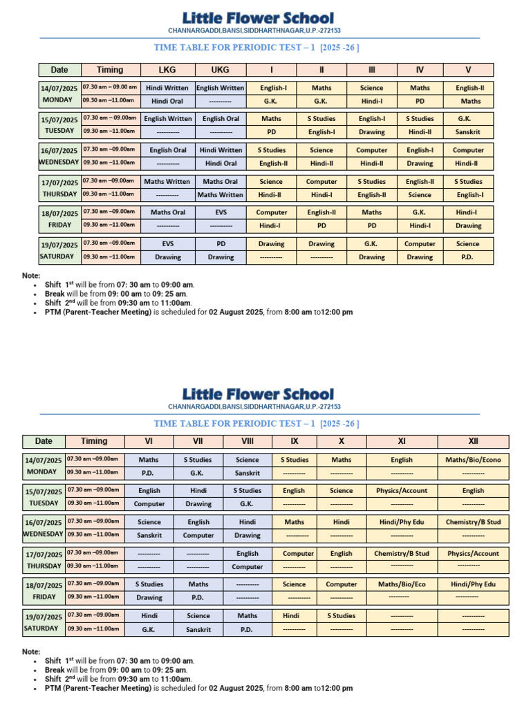 Periodic Exam 1 Time Table 2025-26 | PDF