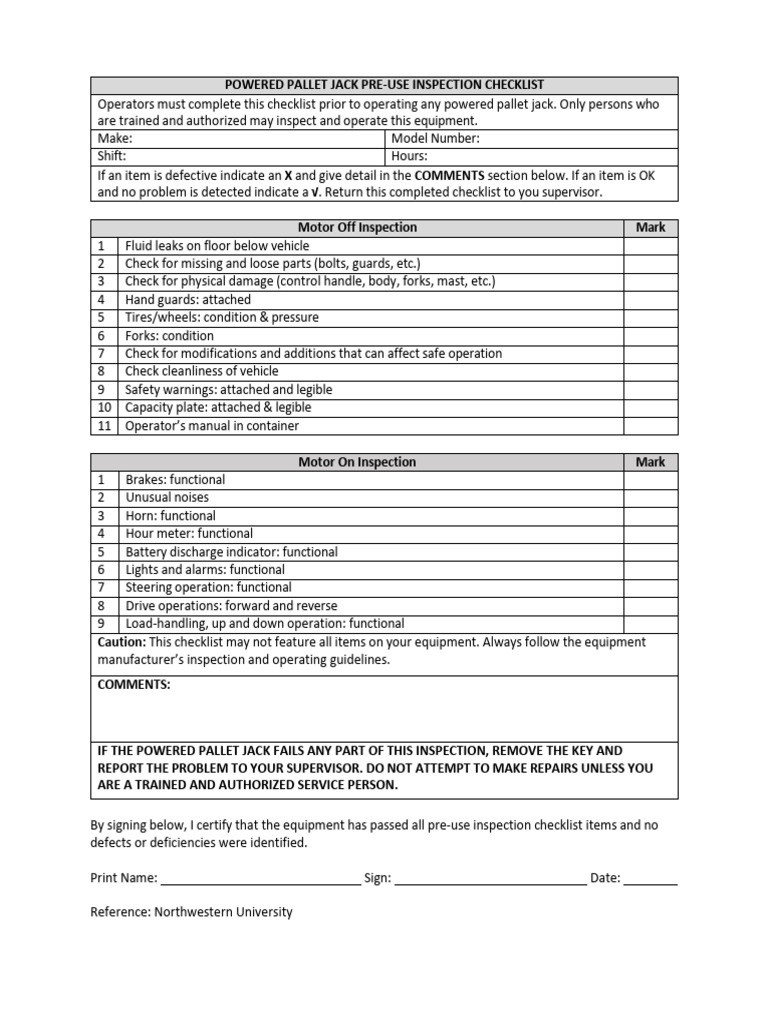 Powered Pallet Jack Checklist | PDF