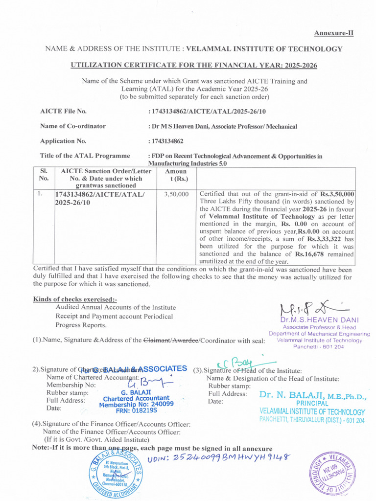 Velammal Utilization Certificate | PDF