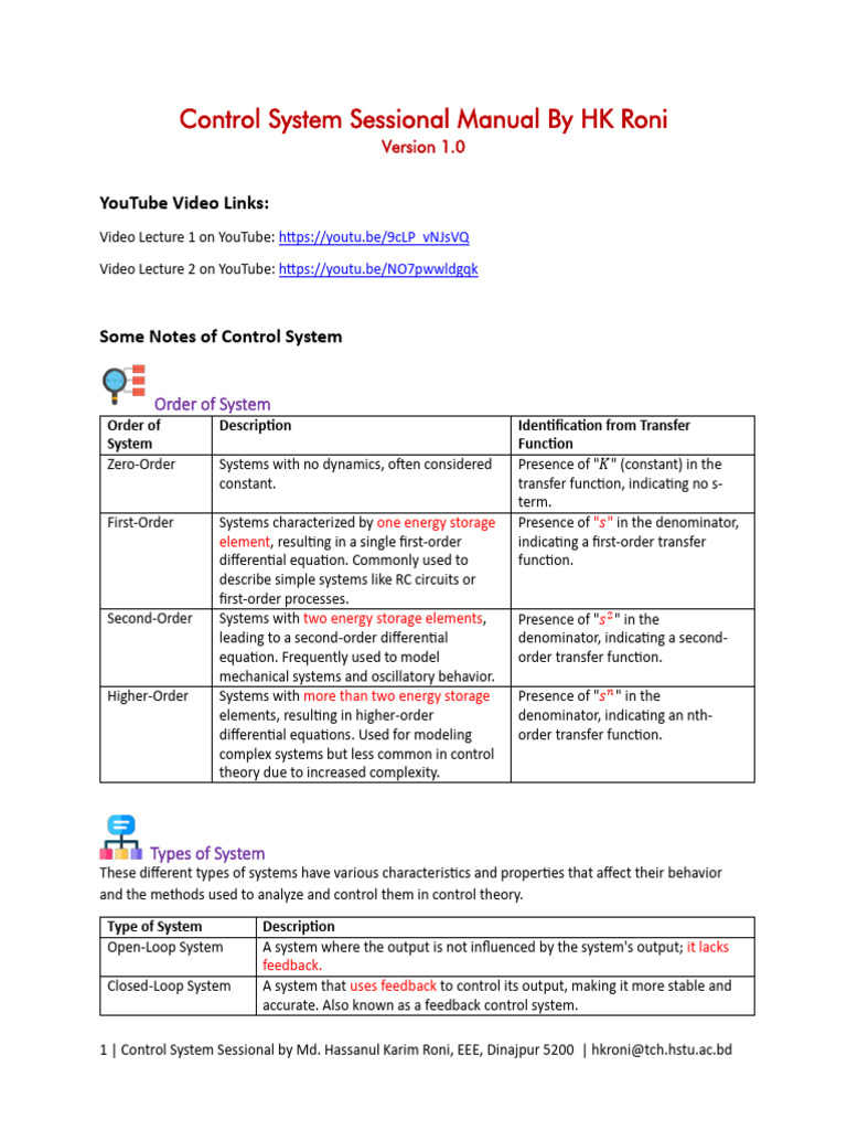 Control System Sessional by HK Roni - Matlab | PDF | Control Theory | Stability Theory