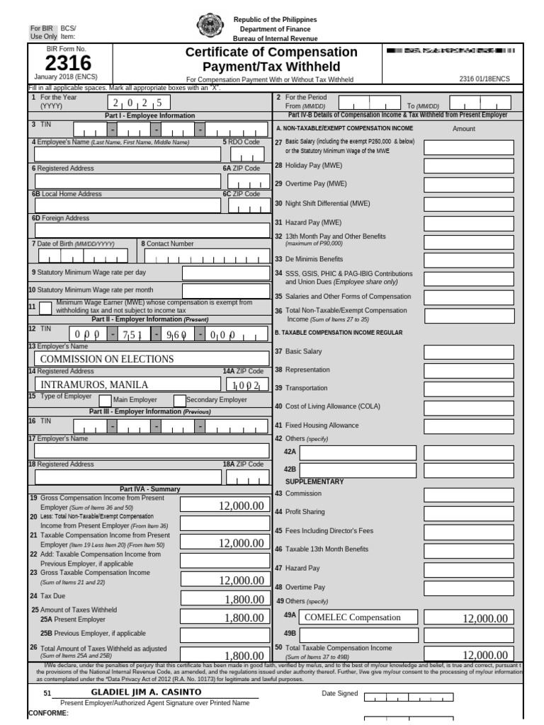 BIR Form 2316: Compensation Payment | PDF | Cost Of Living | Salary