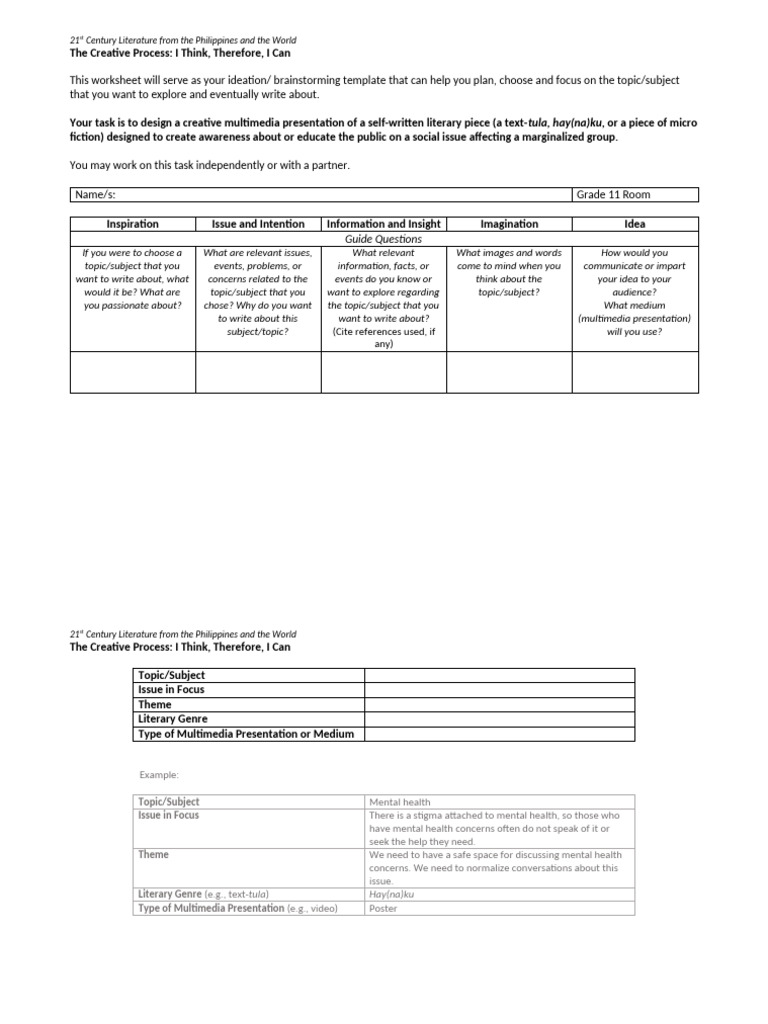 Worksheet For The Creative Process | PDF | Creativity | Mental Health