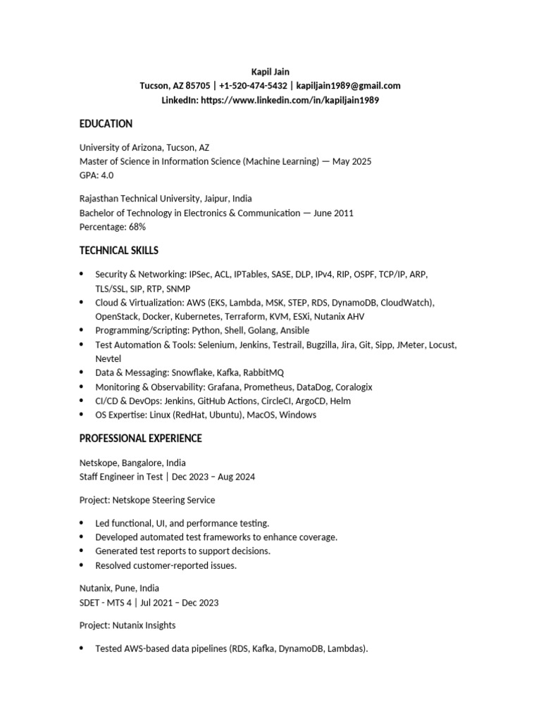 Kapil Jain Resume Optimized | PDF | Network Architecture | Computing