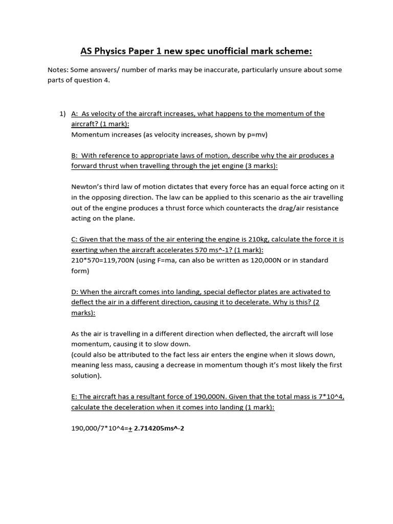 AS Physics Paper 1 Mark Scheme Guide | PDF | Deformation (Engineering ...