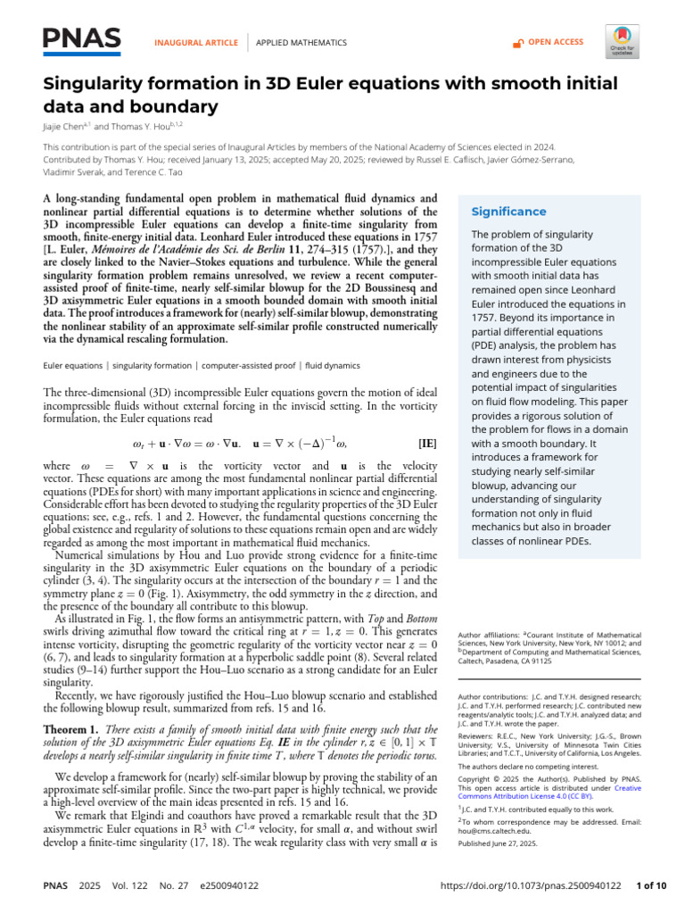 Chen Hou Singularity Formation in 3d Euler Equations With Smooth Initial Data and Boundary | PDF ...