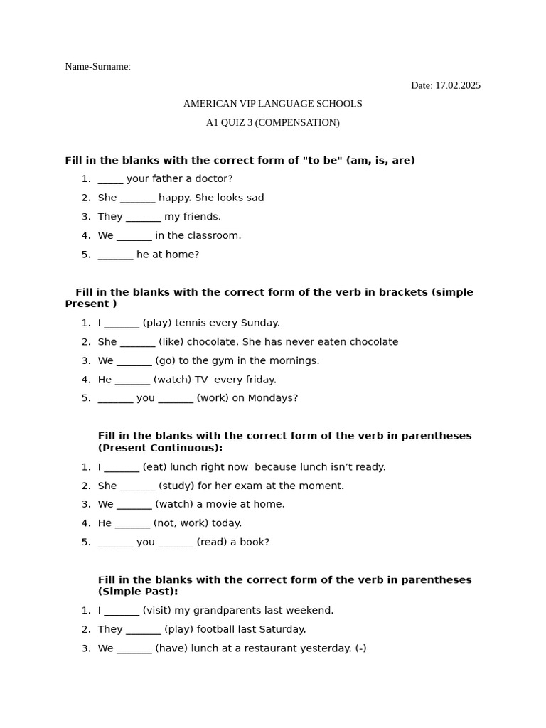 A1 English Quiz: Verb Forms and More | PDF | Linguistic Morphology ...
