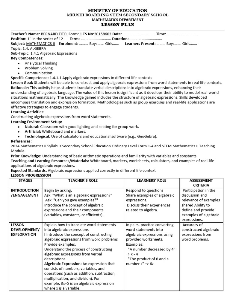 Algebra Lesson Plans Form 1 | PDF | Learning | Algebra