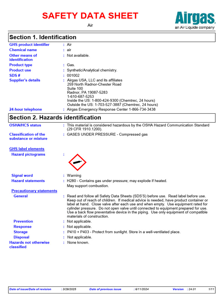Compressed Air Safety Data Sheet | PDF | Safety | Occupational Safety ...