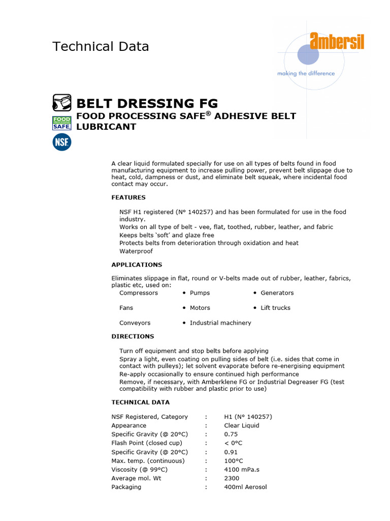 Belt Dressing FG - Doc 30257 TDS | PDF | Belt (Mechanical) | Materials