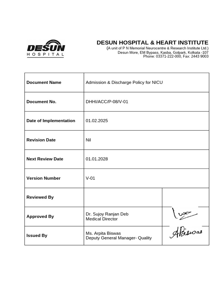 NICU Admission & Discharge Policy | PDF | Neonatal Intensive Care Unit ...