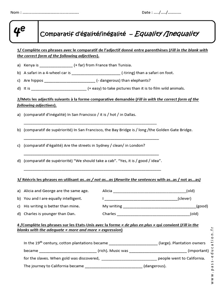 Inegalité Egalité 4ème Exercices À Imprimer Sur Le Comparatif | PDF