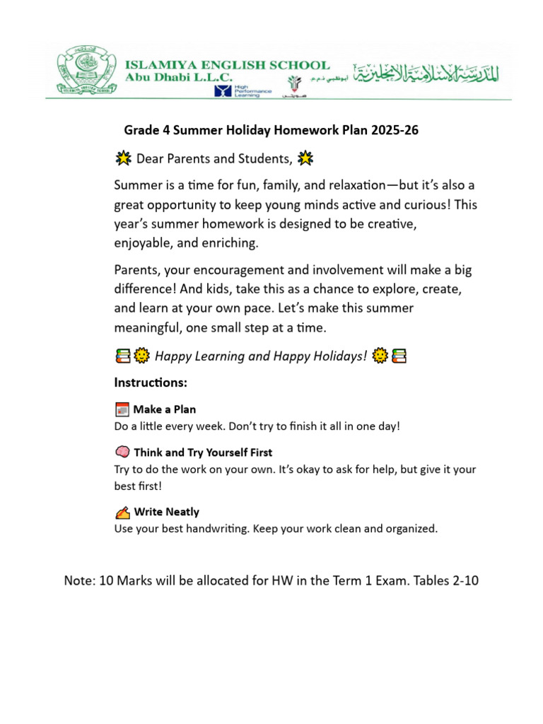 Grade 4 Summer Homework Plan 2025-26 | PDF | Psychology