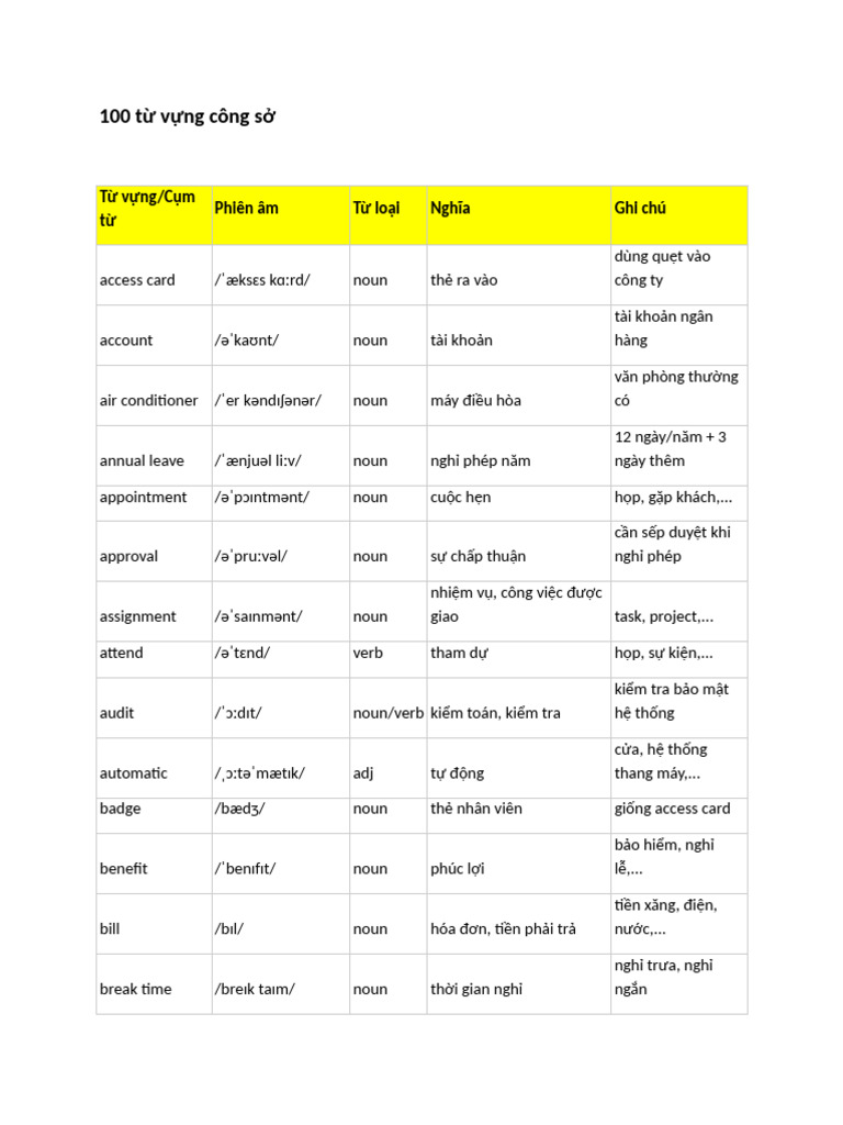 100 T V NG Công S : T V NG/C M T Phiên Âm T Lo I Nghĩa Ghi Chú | PDF