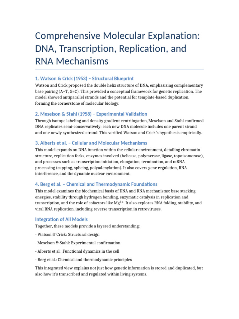 DNA Replication Transcription Harvard Models | PDF