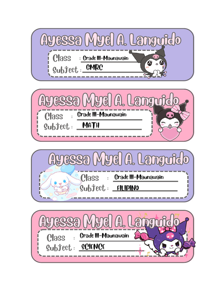 Pink Purple Cute Name Label A4 Document | PDF