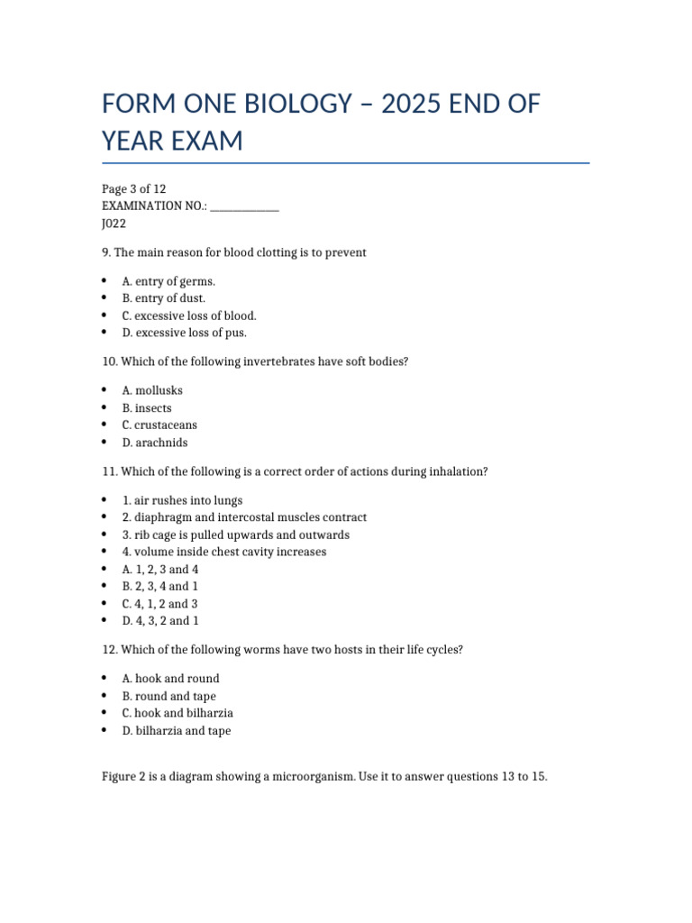 Form One Biology Exam 2025 | PDF