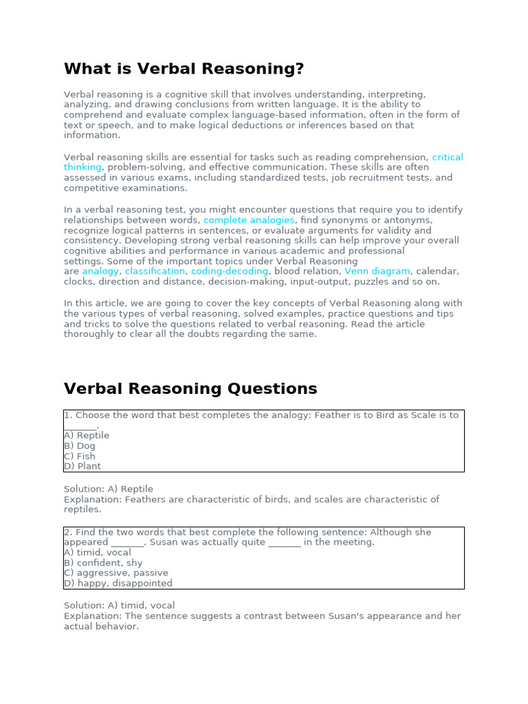 Verbal Reasoning Questions | PDF | Reason | Argument