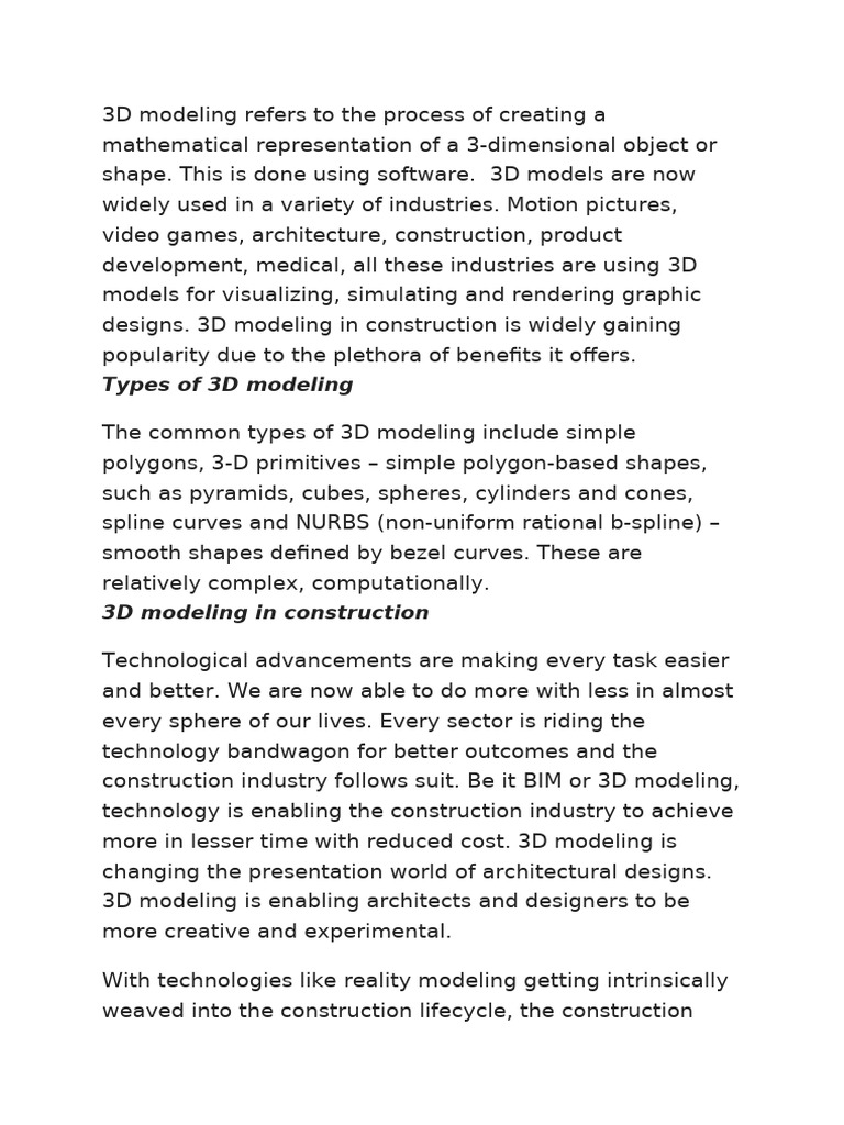 3D Modeling Refers To The Process of Creating A Mathematical Representation of A 3 | PDF | 3 D ...