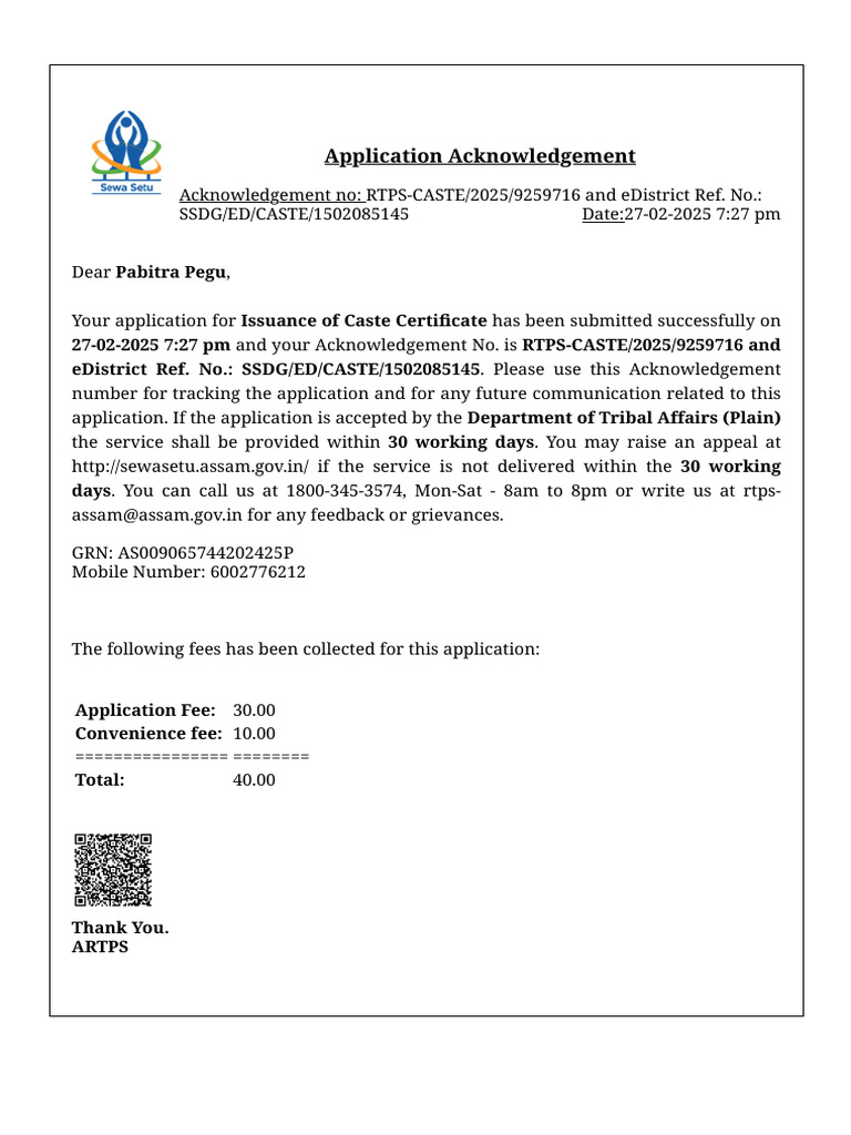 Caste Certificate Payment Receipt | PDF