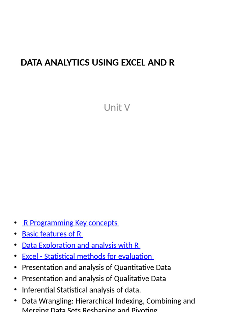 DATA ANALYTICS USING EXCEL AND R unit 5 | PDF | Data Analysis | Statistics