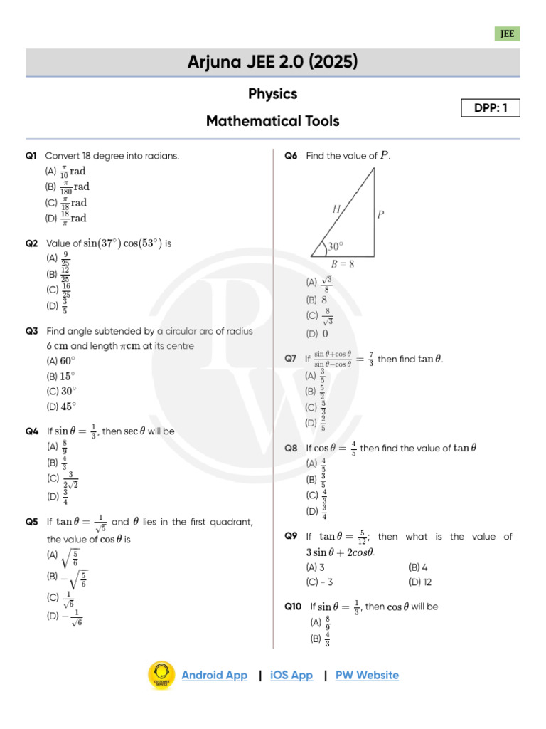 Mathematical Tools DPP 01 (Of Lec 02) Arjuna JEE 2.0 2025 | PDF | Euclidean Geometry | Rotation