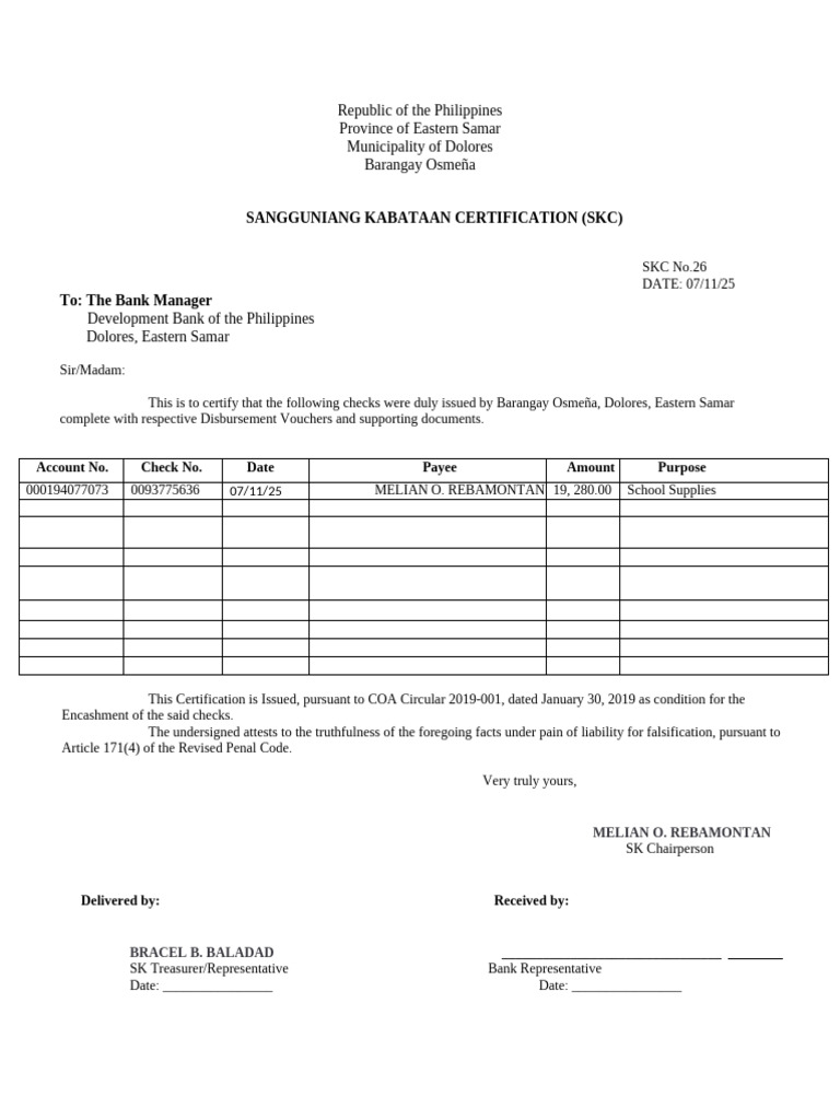 SK Certification for Check Issuance | PDF