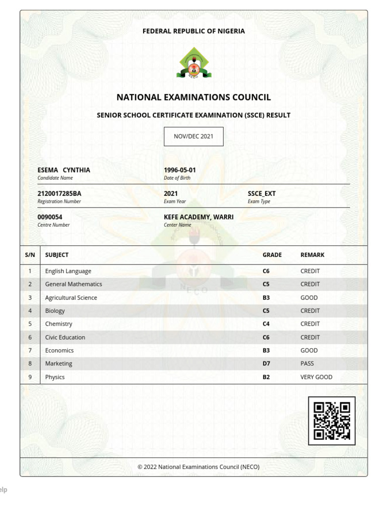 Esema Neco Result | PDF