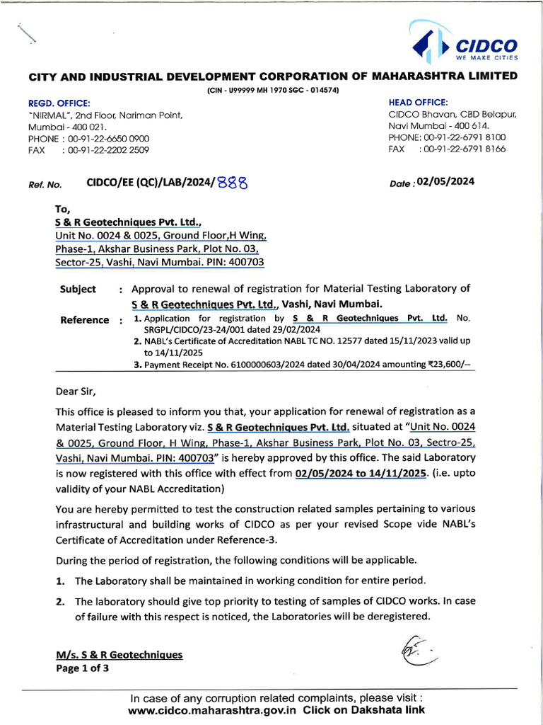 Approval Letter of Cidco Registration | PDF