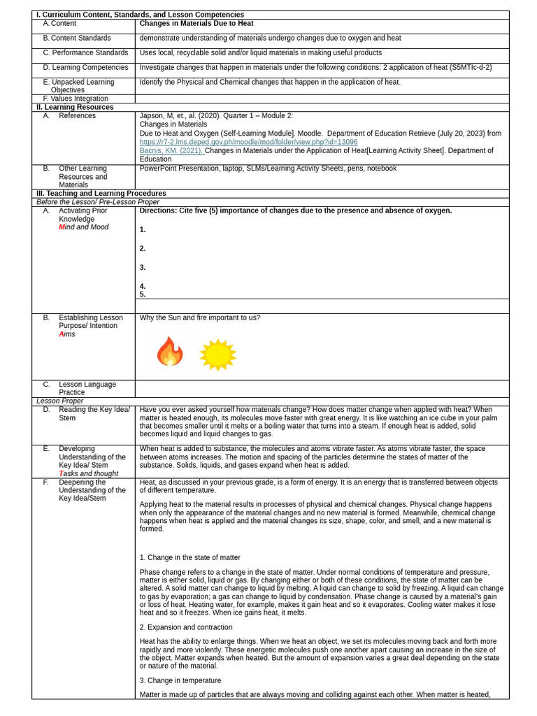 Matatag Daily Lesson Plan Science Grade 5 Week5 | PDF | Temperature | Gases